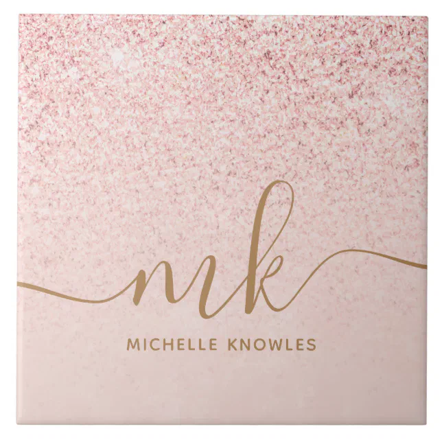 Trendy Rose Gold Glitter Fancy Initials and Name Ceramic Tile | Zazzle