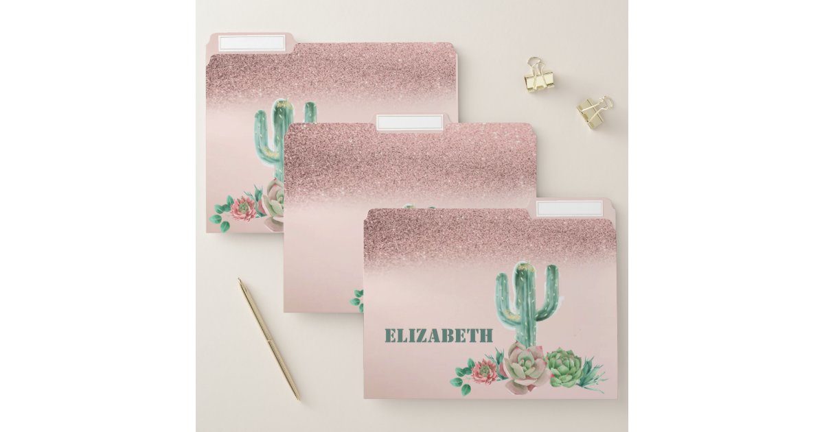 Trendy Rose Gold Glitter Ombre Cactus Succulent File Folder | Zazzle