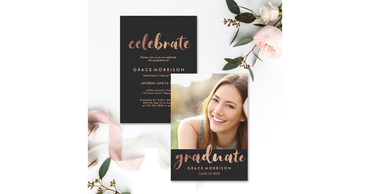 Trendy Rose Gold Graduation Party Photo Invitation | Zazzle