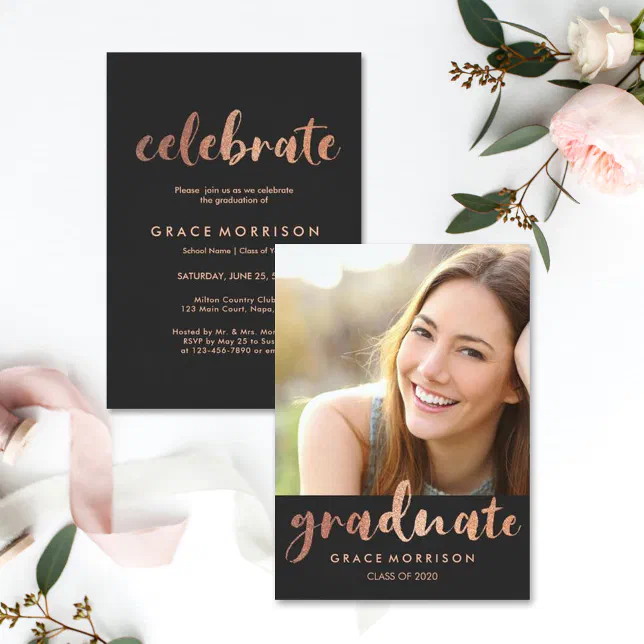Trendy Rose Gold Graduation Party Photo Invitation | Zazzle