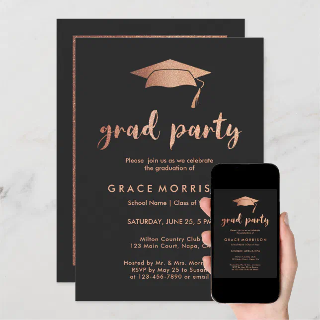 Trendy Rose Gold Graduation Party Photo Invitation | Zazzle