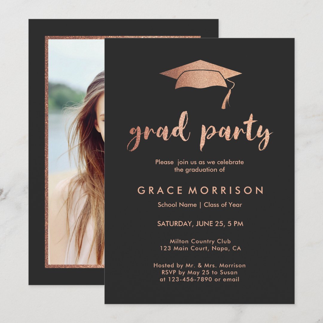 Trendy Rose Gold Graduation Party Photo Invitation | Zazzle