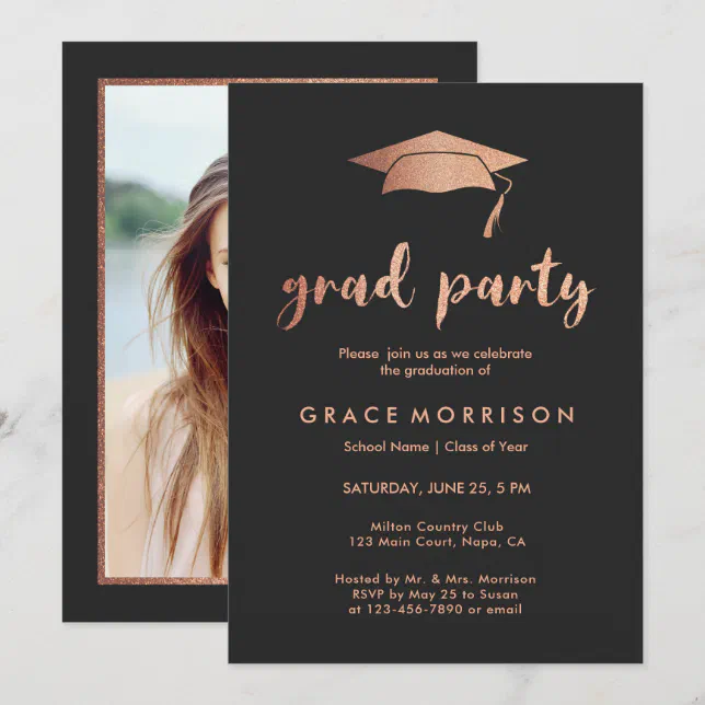 Trendy Rose Gold Graduation Party Photo Invitation | Zazzle