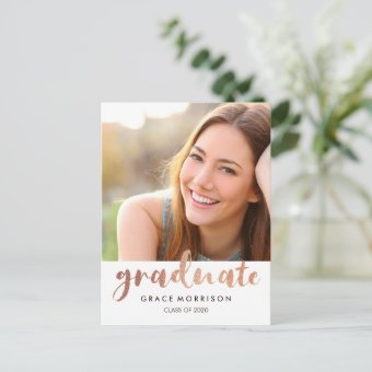 Trendy Rose Gold Graduation Party Photo Invitation Postcard | Zazzle