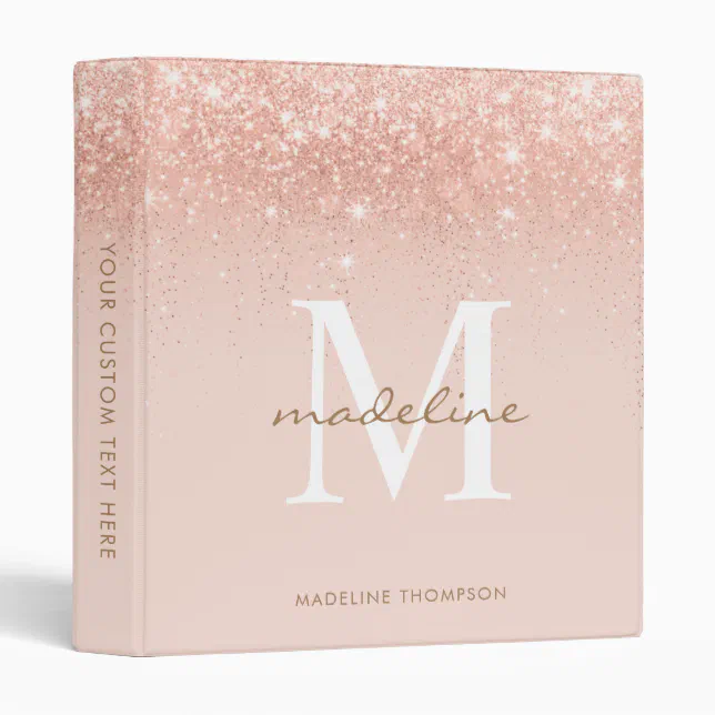 Trendy Rose Gold Sparkling Glitter Monogram 3 Ring Binder | Zazzle