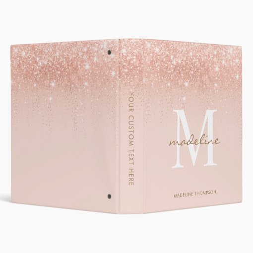 Trendy Rose Gold Sparkling Glitter Monogram 3 Ring Binder | Zazzle
