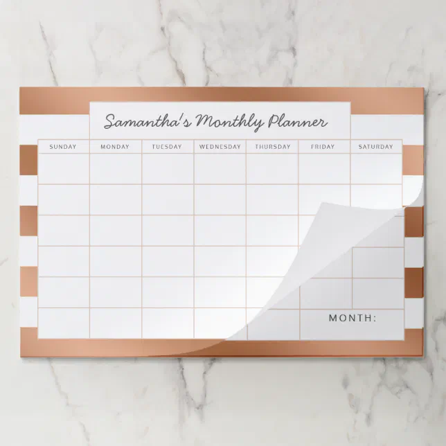 Trendy Rose Gold Stripes Monthly Planner Calendar Paper Pad | Zazzle