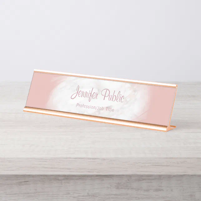 Trendy Rose Gold White Marble Elegant Template Desk Name Plate | Zazzle