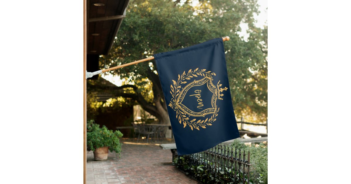 Trendy Royal Crest Emblem Navy Blue Open Sign Flag | Zazzle