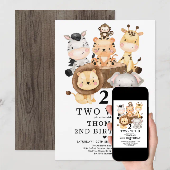 Trendy Safari Jungle TWO WILD 2nd Birthday Party Invitation | Zazzle