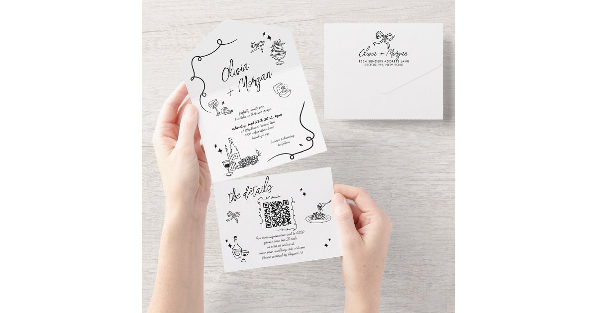 Trendy Scribble Doodle QR Code Wedding Invitation | Zazzle