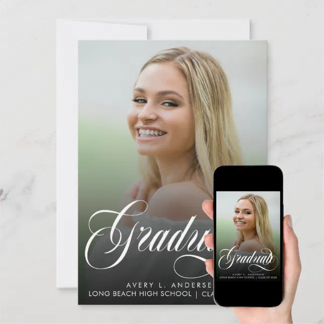 Trendy Script Calligraphy White Overlay Graduation Announcement | Zazzle