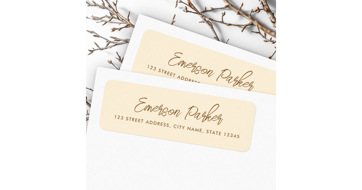 Trendy script cream colored return address label | Zazzle