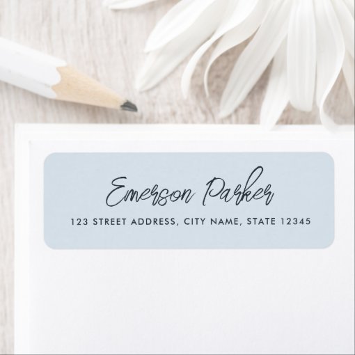 Trendy script light dusty blue return address label | Zazzle