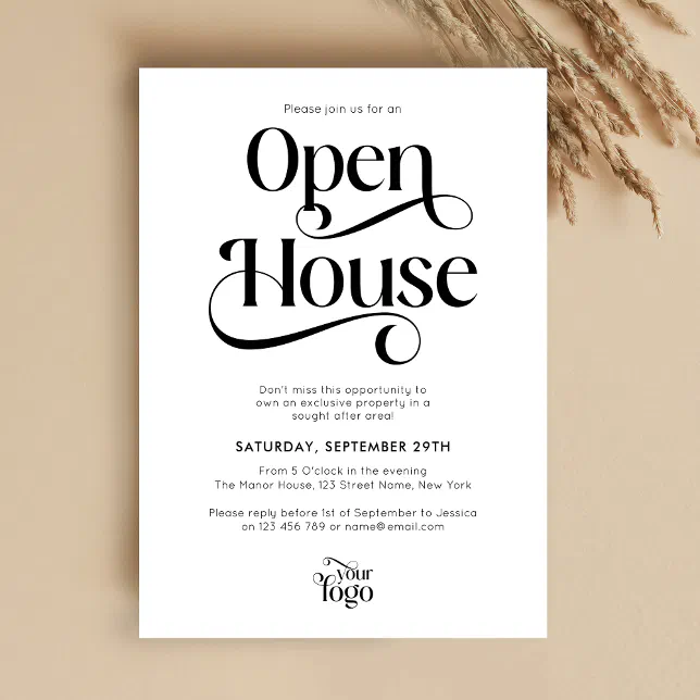 Trendy Script Modern Logo Business Open House Invitation | Zazzle
