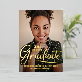 Trendy script overlay Graduation party photo Foil Invitation | Zazzle