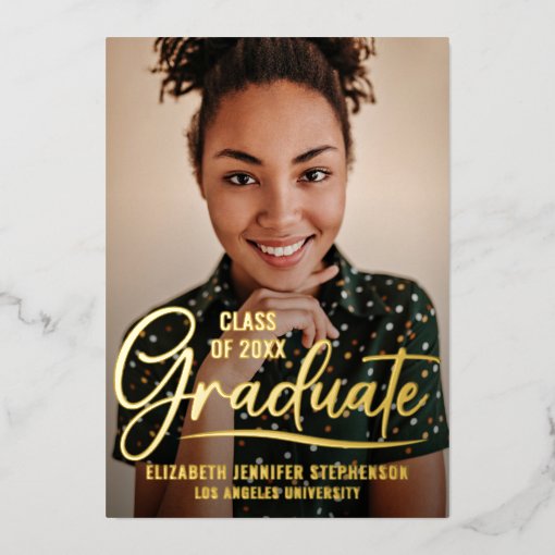 Trendy script overlay Graduation party photo Foil Invitation | Zazzle