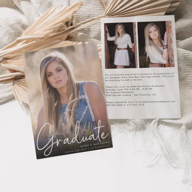 Trendy Script Overlay Three Photo Graduation Party Announcement | Zazzle