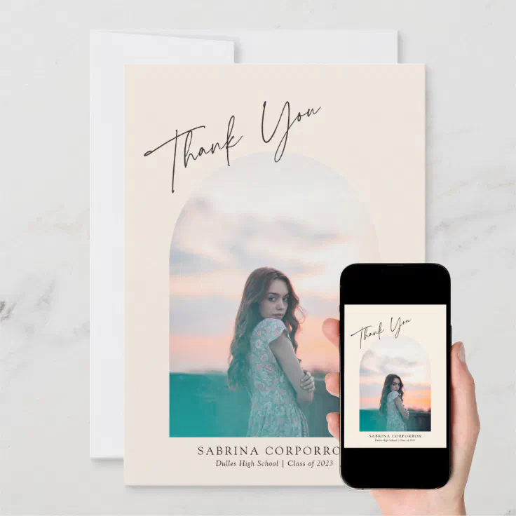 Trendy Script with Arch two photo thank you Announcement | Zazzle