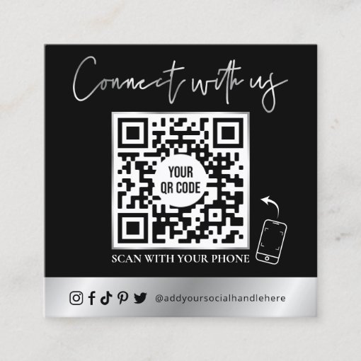 Trendy Simple QR Code Scannable Black & Silver Square Business Card ...