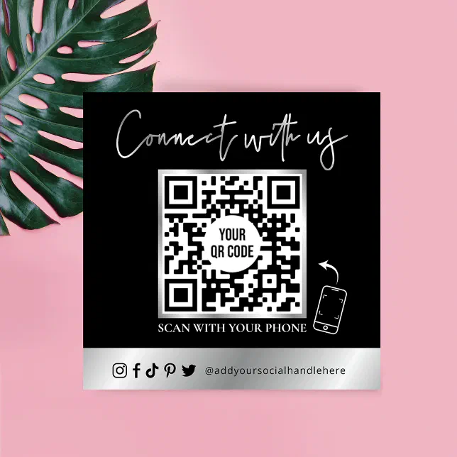 Trendy Simple QR Code Scannable Black & Silver Square Business Card ...