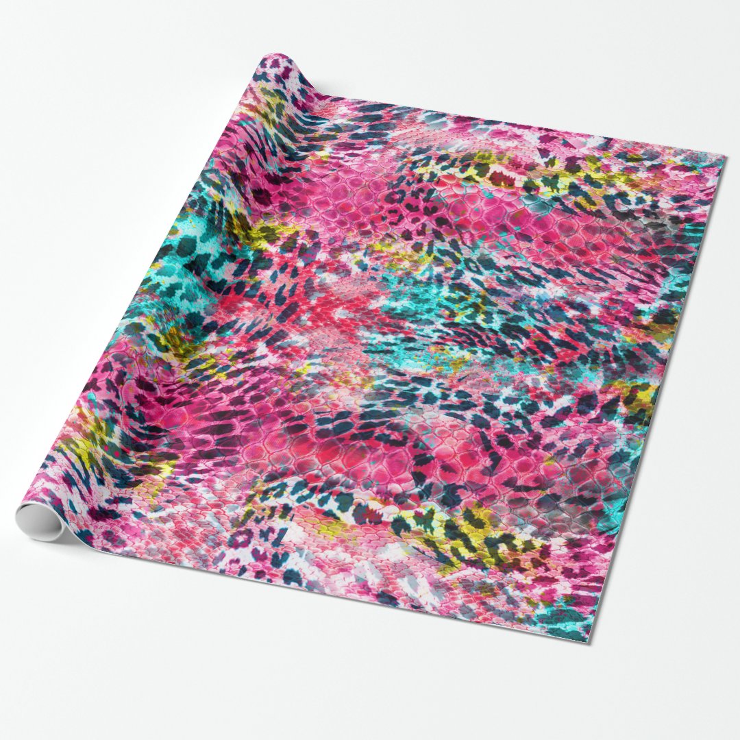trendy snake skin leopard animal print blend neon wrapping paper | Zazzle