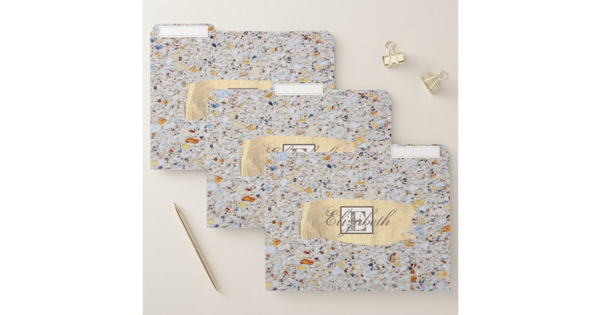 Trendy Stone Marble, Gold Brush Stroke-Monogram File Folder | Zazzle