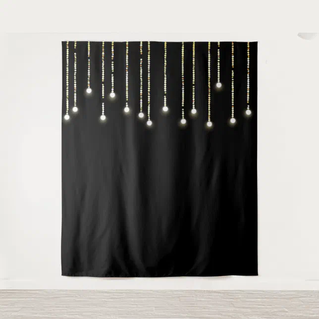 Trendy String Lights on Black Photo Booth Tapestry | Zazzle