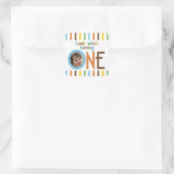 Trendy Stripes Look Who's Turning One Square Sticker | Zazzle