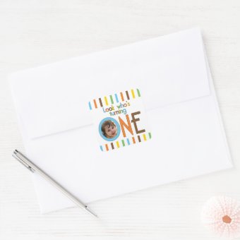 Trendy Stripes Look Who's Turning One Square Sticker | Zazzle