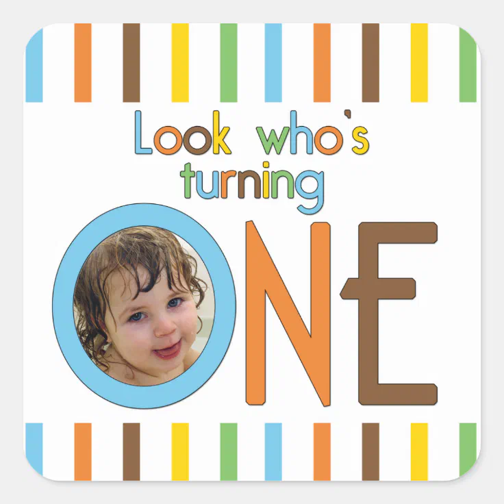 Trendy Stripes Look Who's Turning One Square Sticker | Zazzle