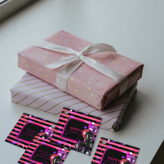 Trendy Stylish Chic Pink And Black Happy Birthday Favor Tags | Zazzle
