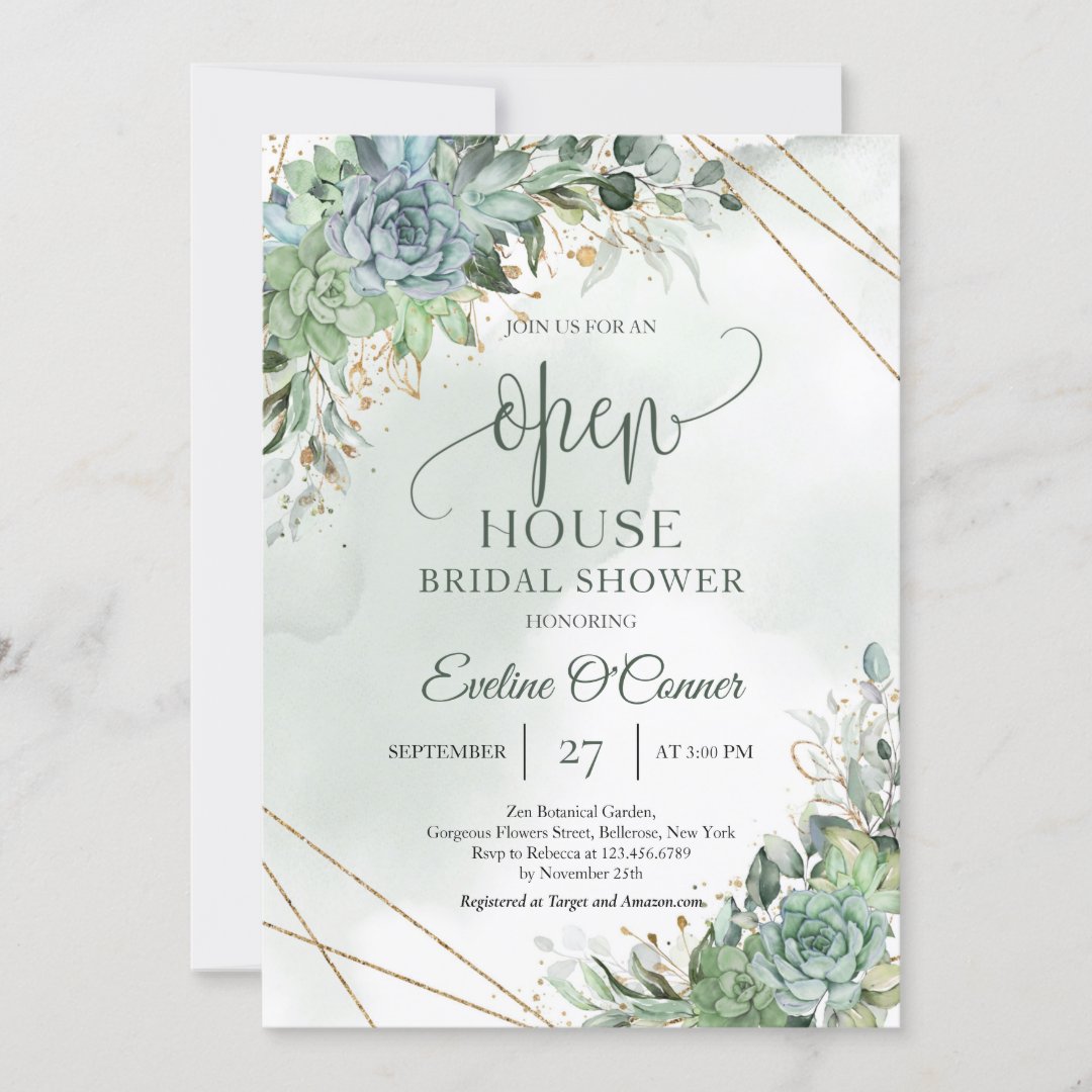 Trendy succulents green and white gold Open House Invitation | Zazzle