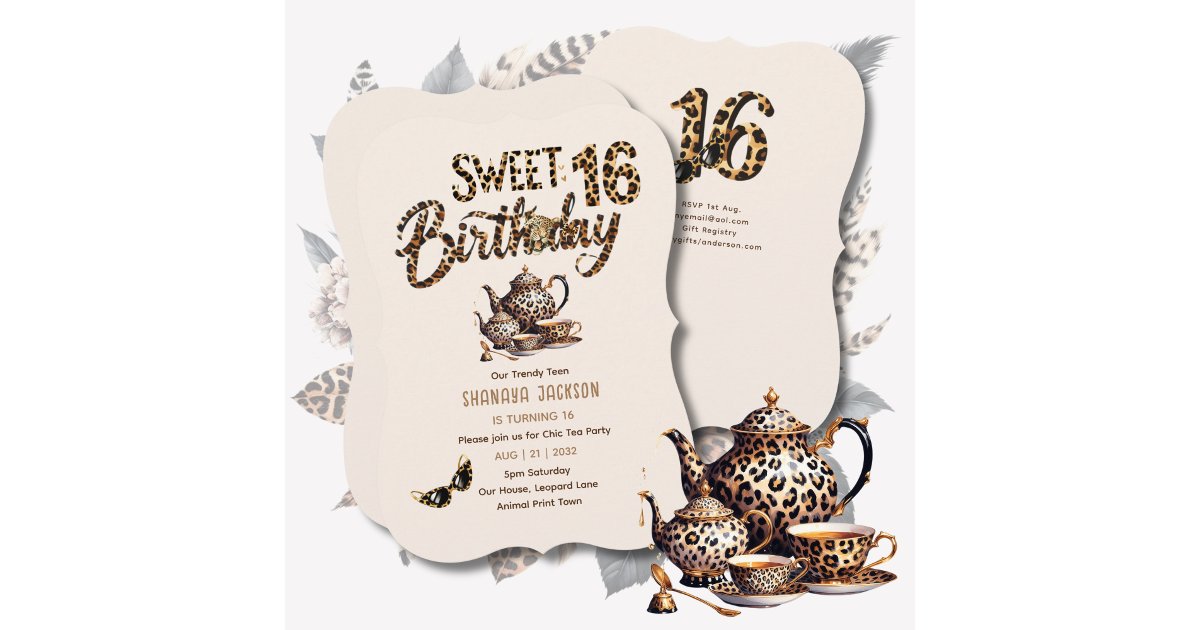 Trendy Sweet 16 Leopard Print Tea Party Invitation | Zazzle