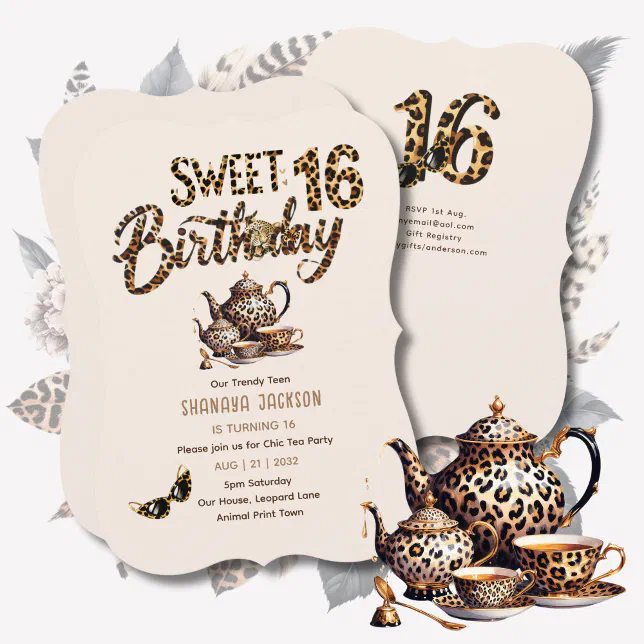 Trendy Sweet 16 Leopard Print Tea Party Invitation | Zazzle