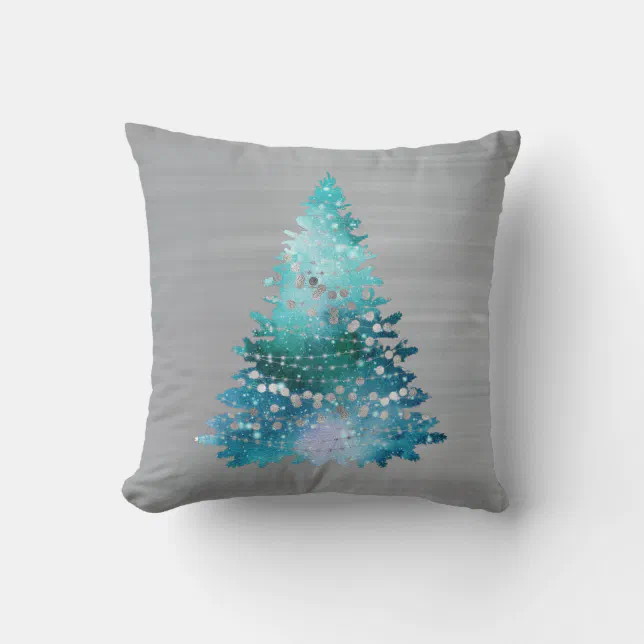 Trendy Teal Silver Glitter Tree Christmas Throw Pillow | Zazzle