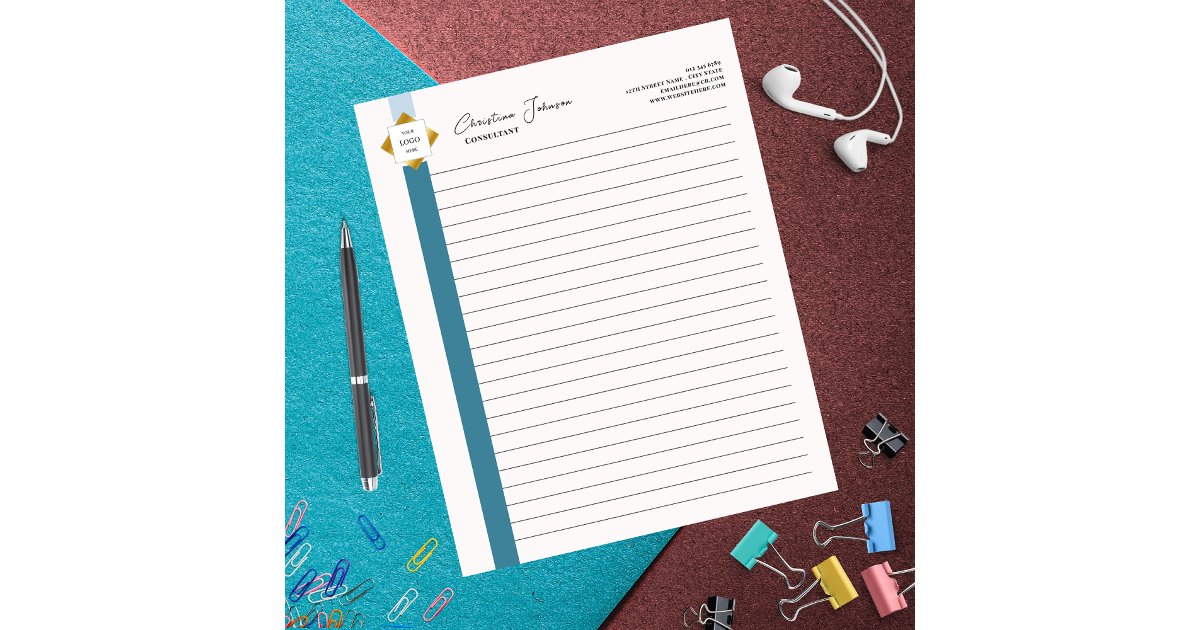 Trendy Teal Stripes Gold Logo Notepad | Zazzle