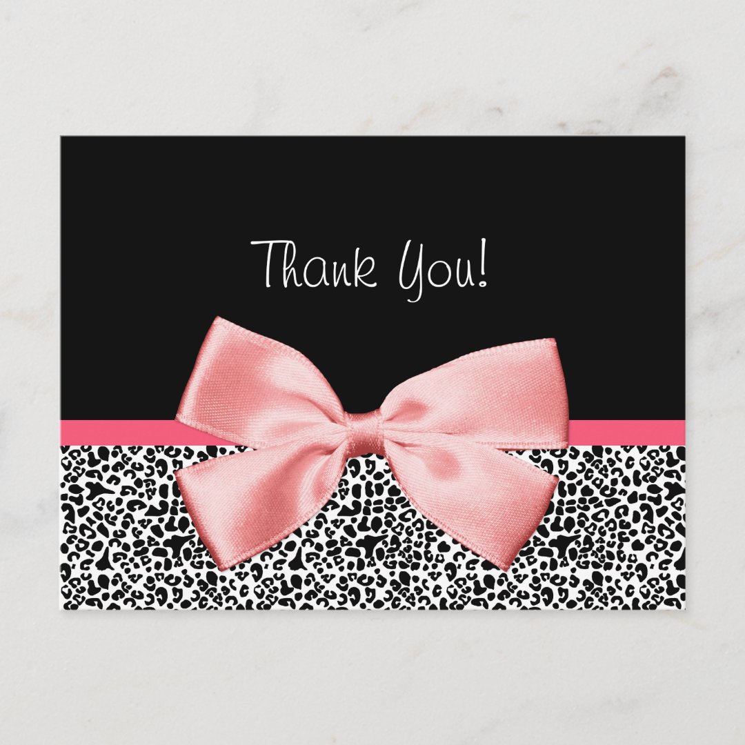 Trendy Thank You Leopard Print With Pink Ribbon Postcard | Zazzle