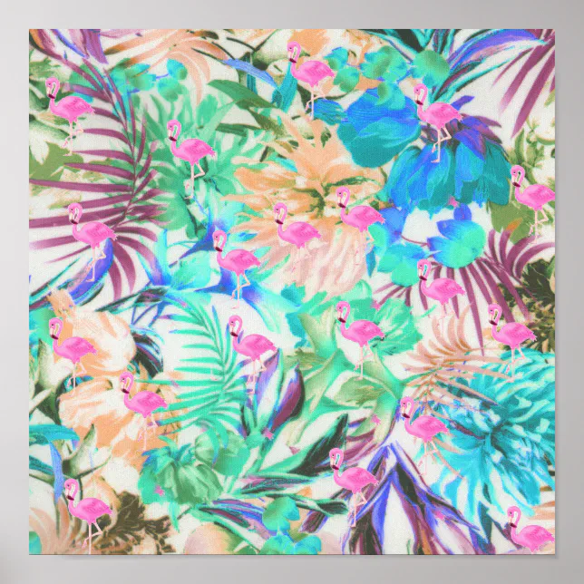 Trendy tropical teal pink floral flamingo poster | Zazzle