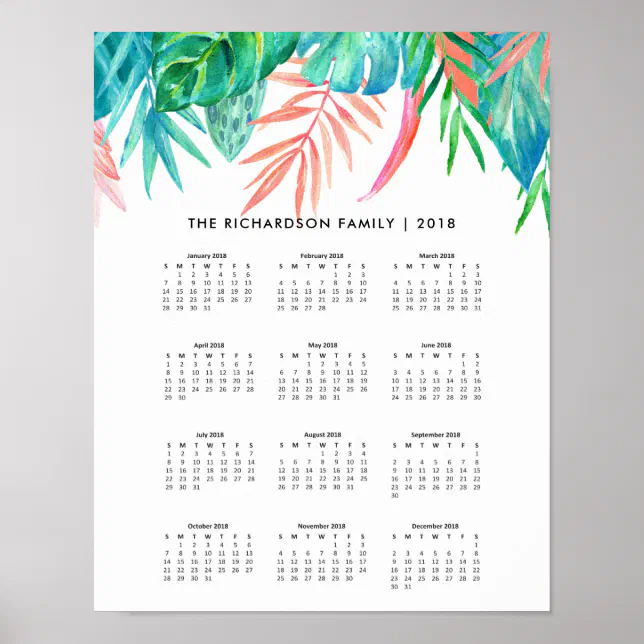 Trendy Tropical Watercolor | 2018 Calendar Poster | Zazzle