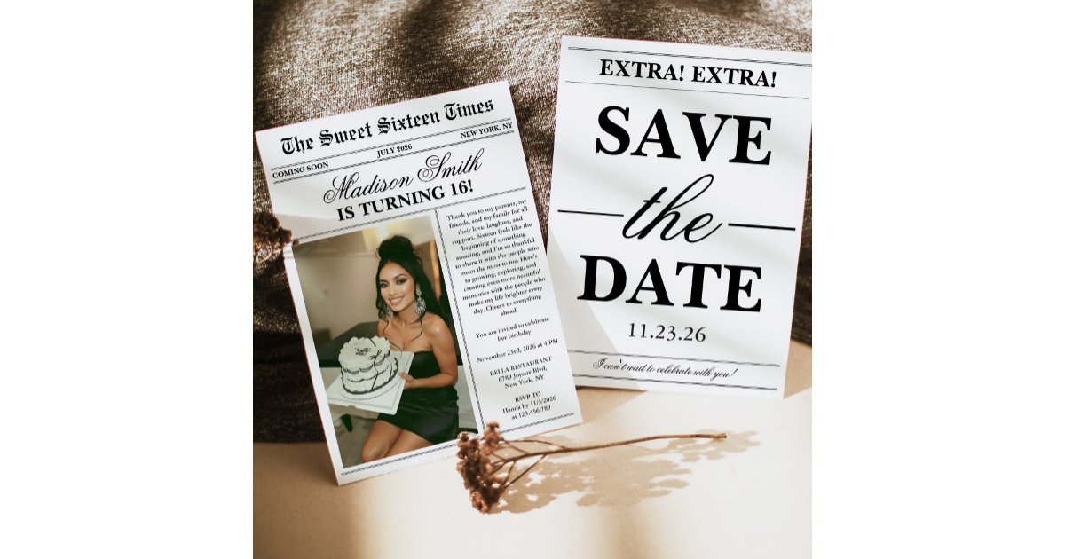 Trendy Unique Newspaper Photo Sweet 16 Invitation | Zazzle