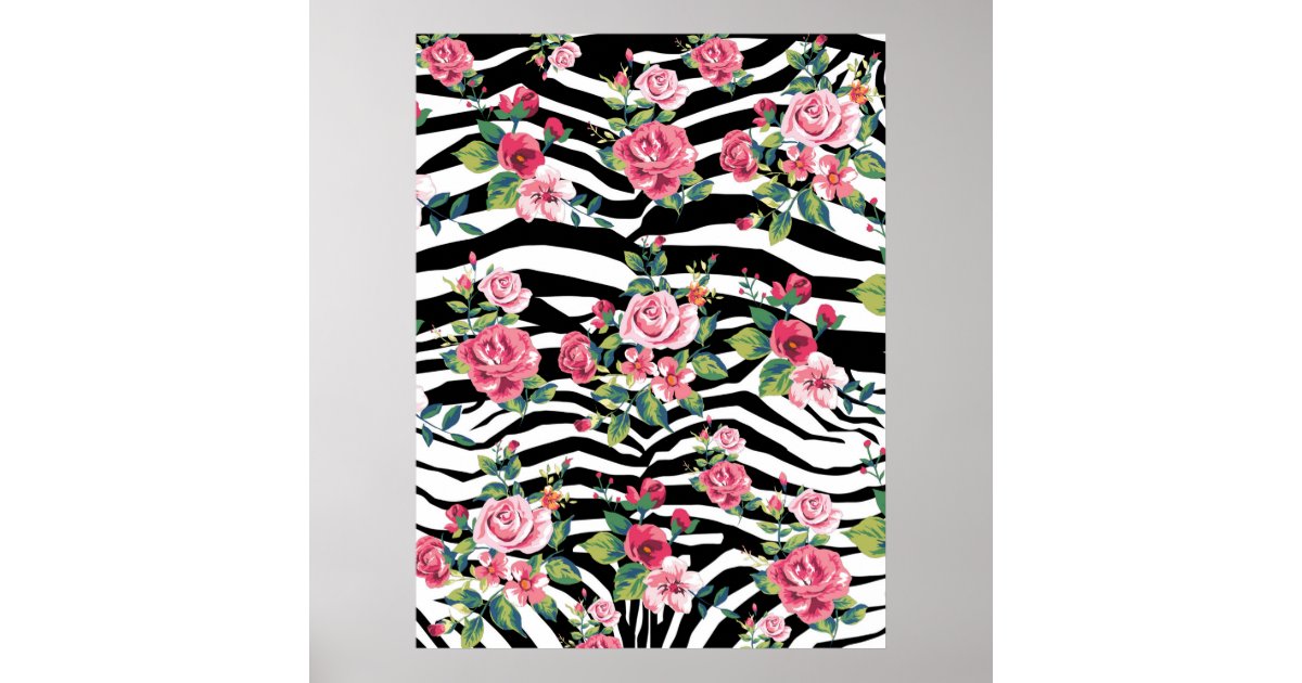 trendy vintage roses and zebra stripes pattern poster | Zazzle