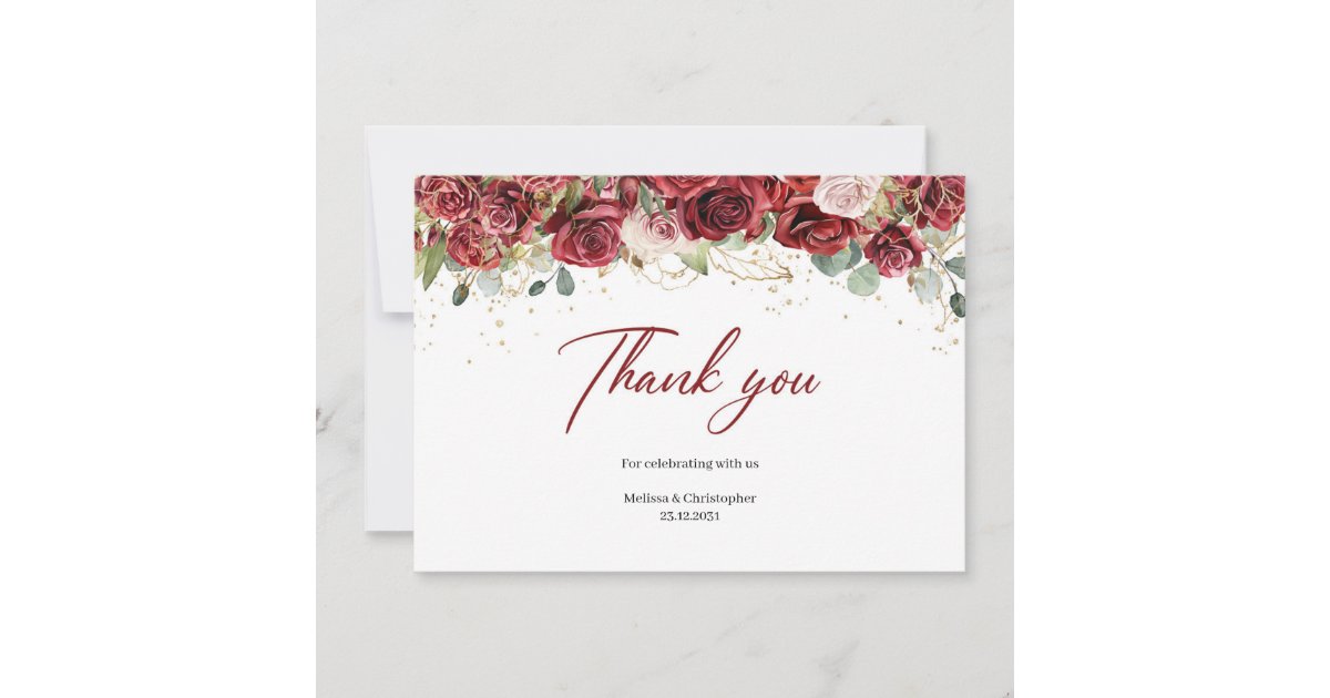 Trendy Watercolor deep red and blush roses wedding Thank You Card | Zazzle