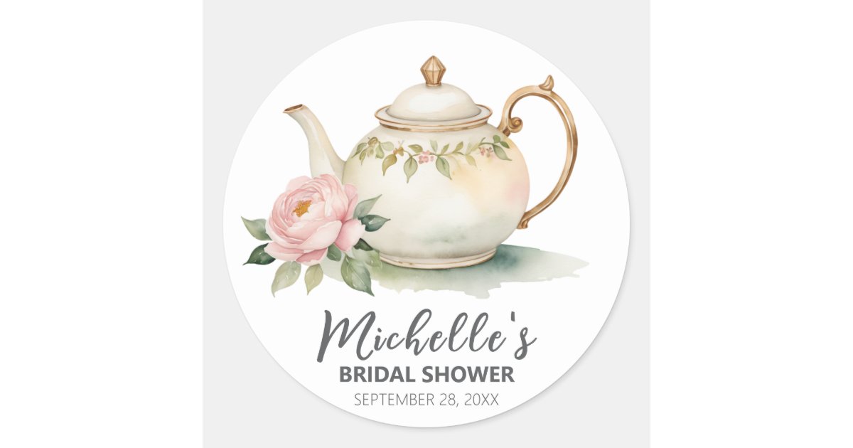 Trendy Watercolor Floral Tea Pot Bridal Shower Classic Round Sticker ...