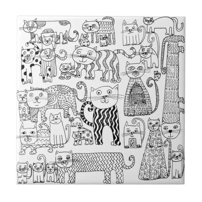 Trendy Whimsical Black and White Cat Patterned Ceramic Tile | Zazzle