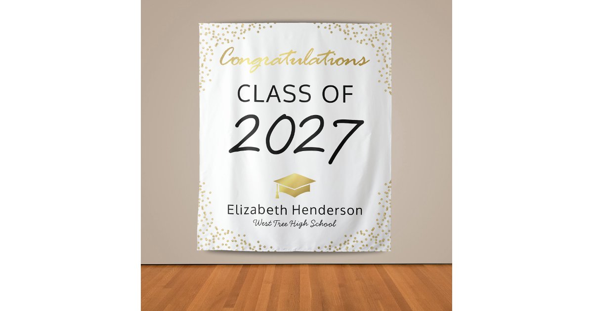 Trendy White Gold Graduation Party Backdrop | Zazzle