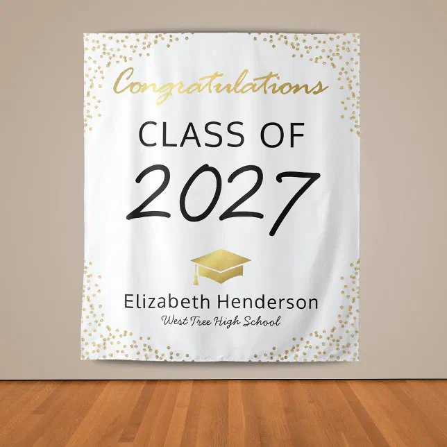 Trendy White Gold Graduation Party Backdrop | Zazzle