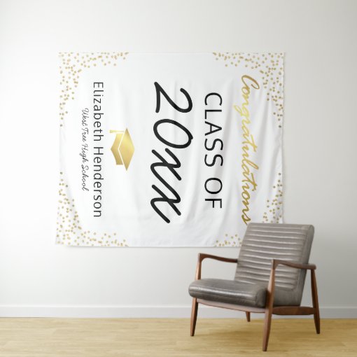 Trendy White Gold Graduation Party Backdrop | Zazzle