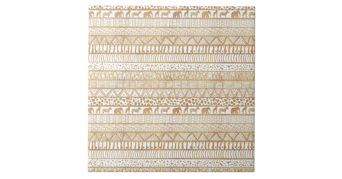 Trendy White Gold Tribal African Pattern Ceramic Tile | Zazzle