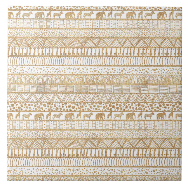 Trendy White Gold Tribal African Pattern Ceramic Tile | Zazzle